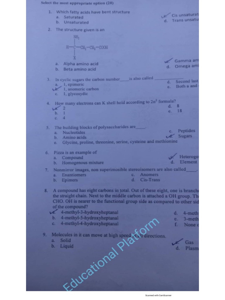 Biochemistry 1st Semester BSN Past Paper MCQS, Educational Platform-1 | PDF