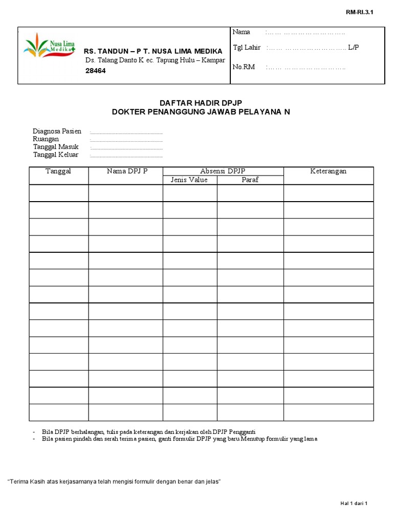 Formulir DPJP RS. Tandun Kampar | PDF