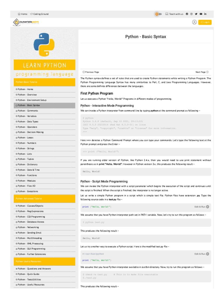 WWW Tutorialspoint Com Python Python - Basic - Syntax HTM | Download Free PDF | Python ...
