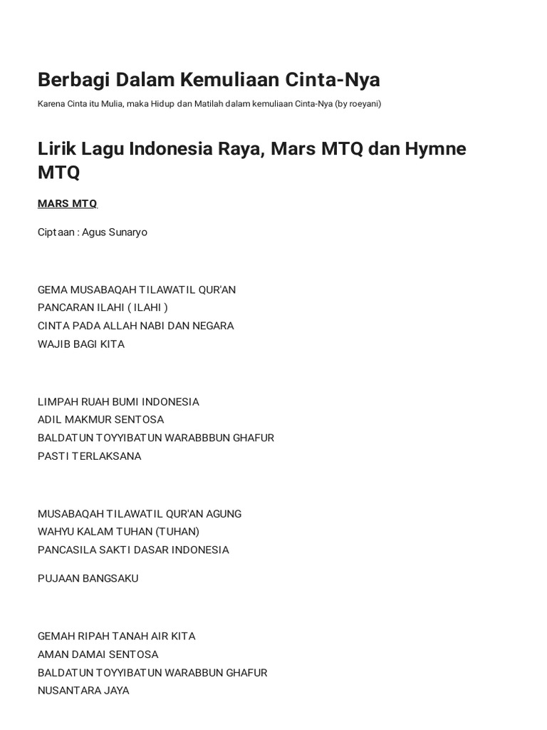Lirik Lagu Indonesia Raya, Mars MTQ Dan Hymne MTQ - Berbagi Dalam ...