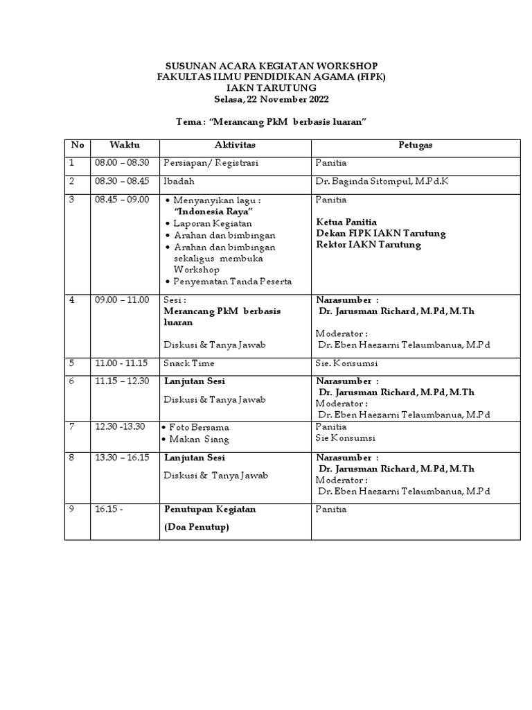 Susunan Acara Dan Ibadah Kegiatan Workshop Fipk | PDF | Kesehatan Holistik