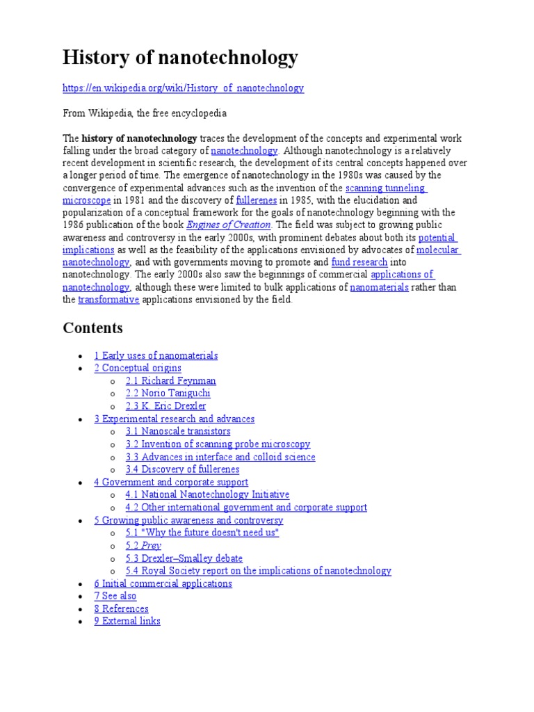 History of Nanotechnology - From WIKIPEDIA - 2019 | PDF | Nanotechnology | Emerging Technologies