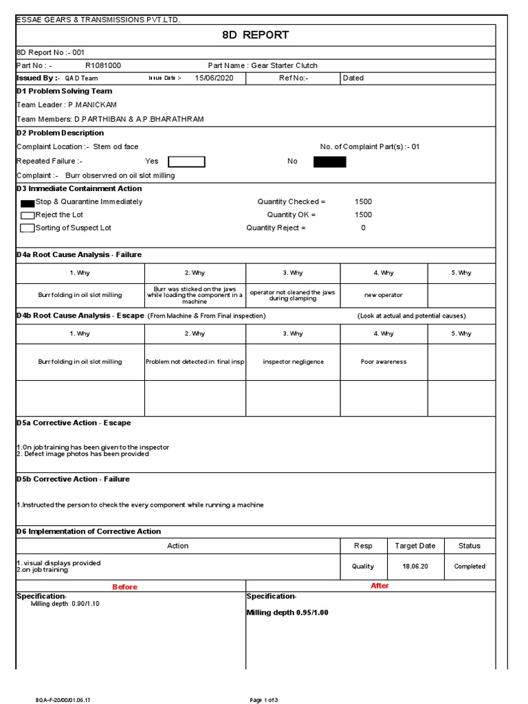 8D REPORT FOR GEAR STARTER CLUTCH BURR ISSUE | PDF | Systems Engineering