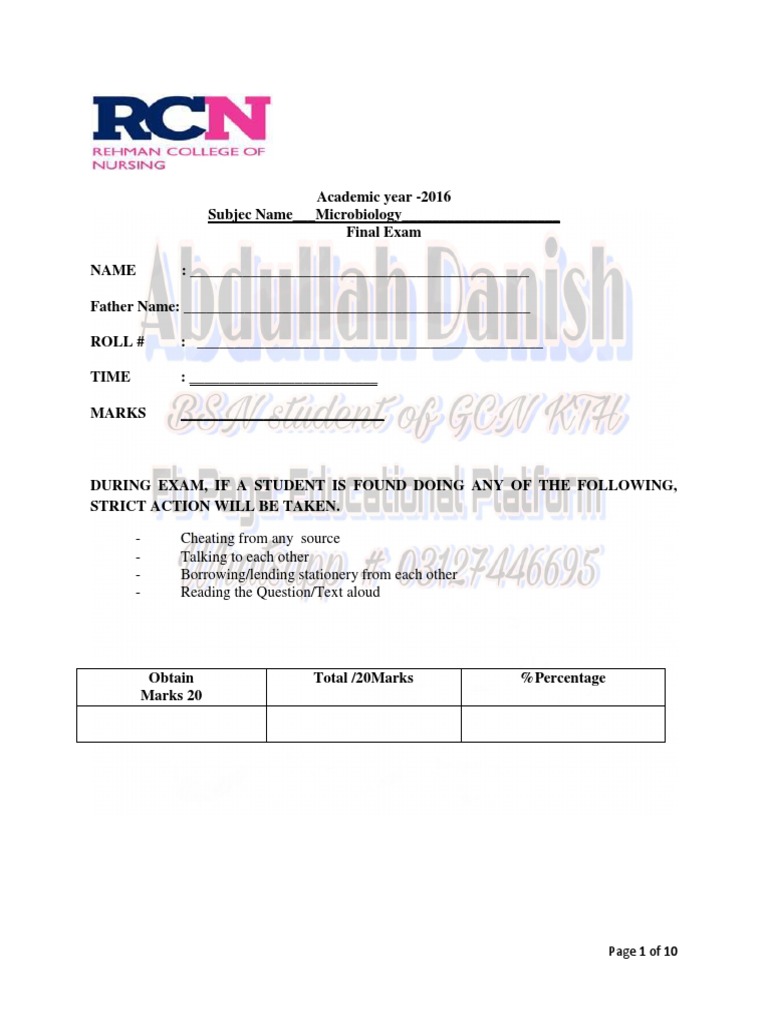 Microbiology 1st Semeter BSN Mcqs by RCN, Educational Platform | PDF ...