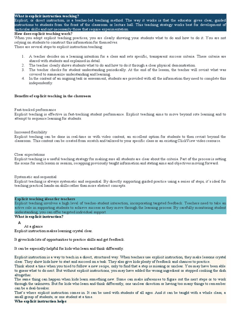 What Is Explicit Instruction Teaching Pdf Learning Teachers