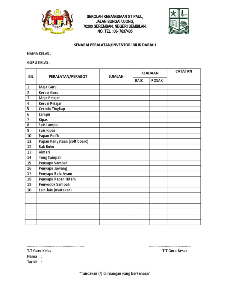 Borang Inventori Bilik Darjah | PDF