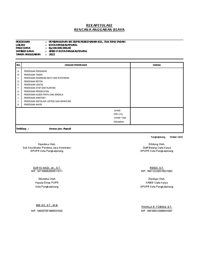 RAB RENCANA WC PERKEMAHAN TUATUNU.xls | PDF