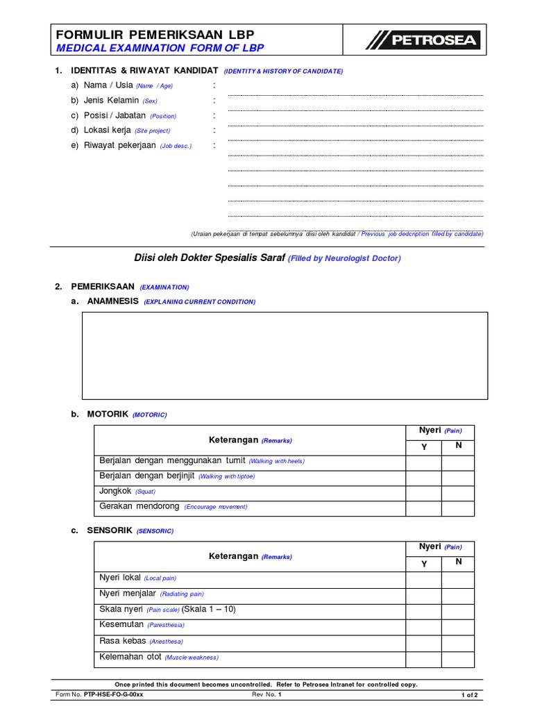 Formulir Pemeriksaan Medis LBP | PDF