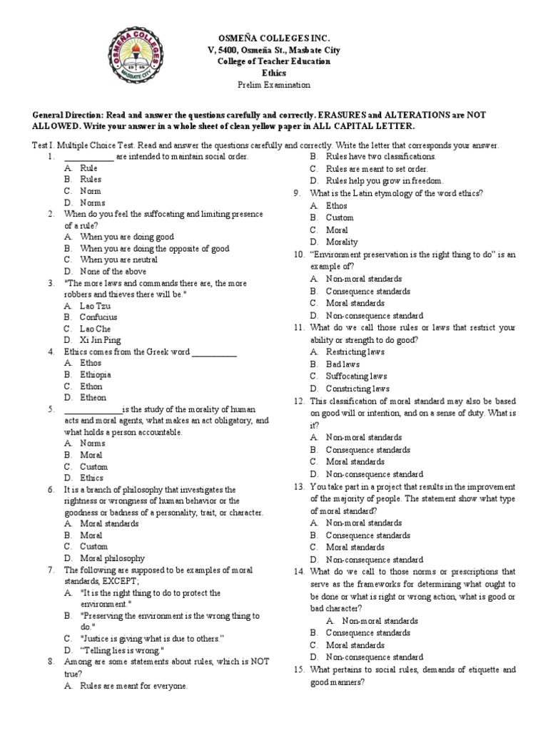 Ethics Prelim Exam | PDF | Morality | Etiquette