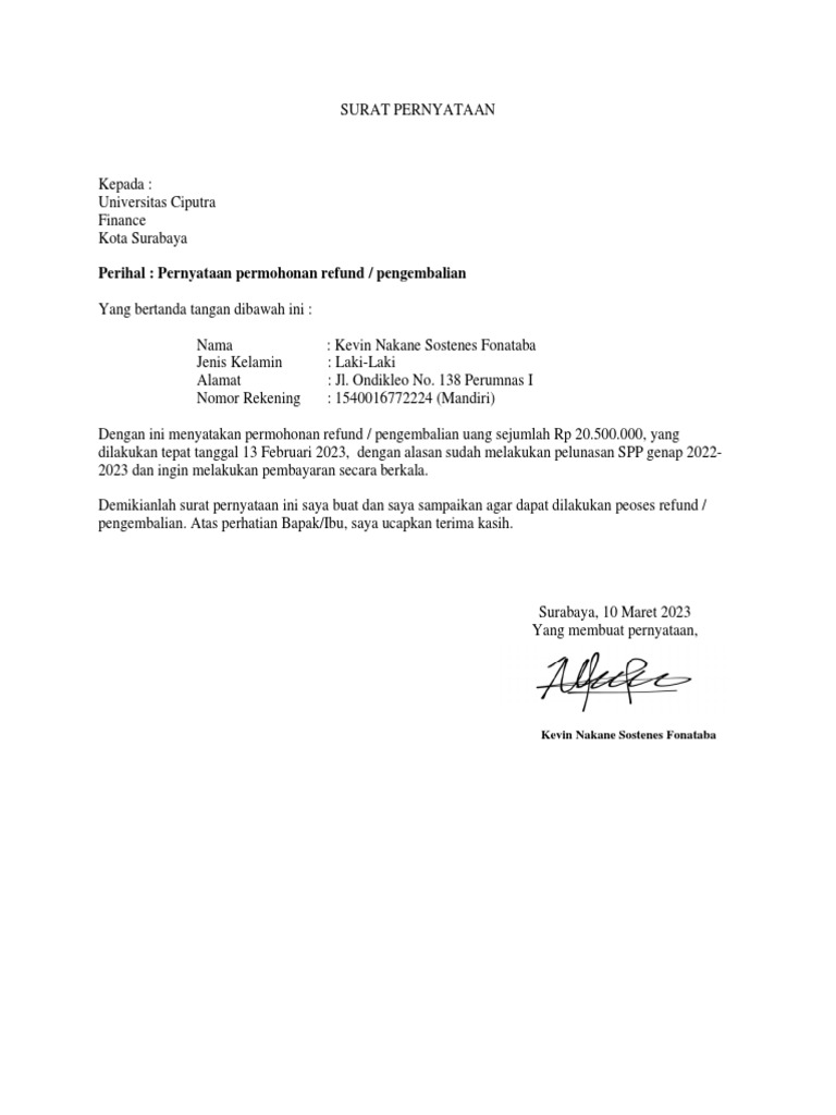 Surat Pernyataan Refund PDF | PDF