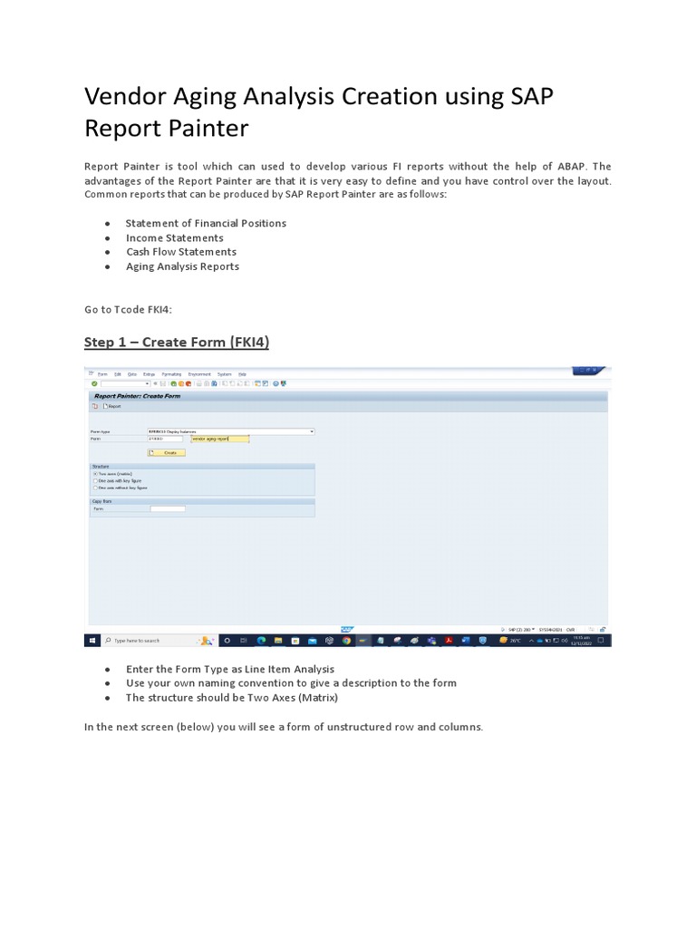 Vendor Aging Analysis Creation Using SAP Report Painter: Step 1 - Create Form (FKI4) | PDF ...