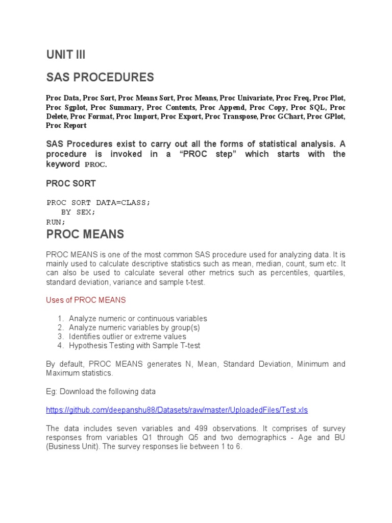 Unit Iii Sas Procedures | PDF | Student's T Test | Analysis Of Variance