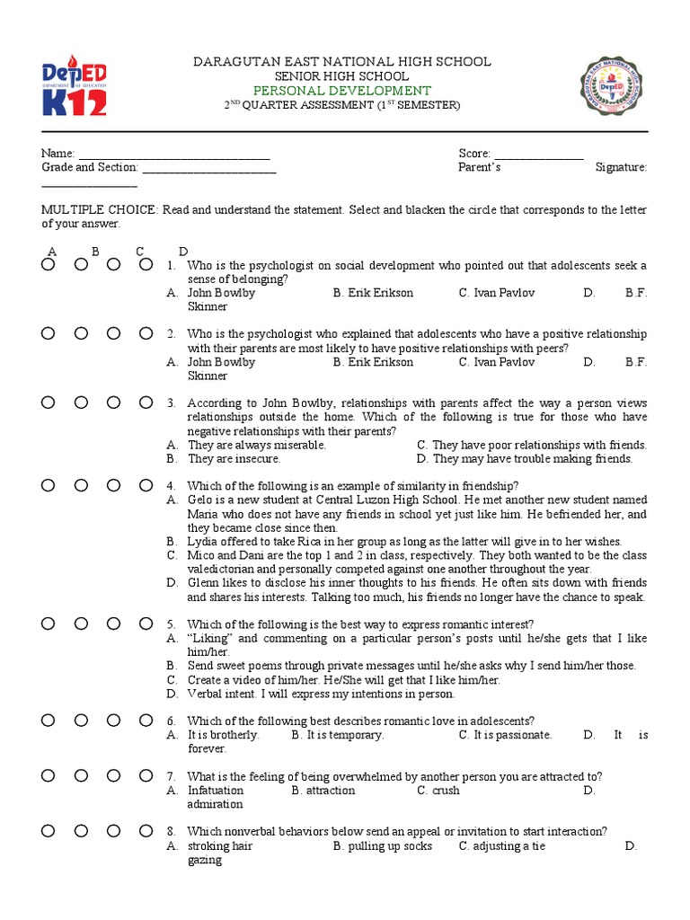 Perdev - 2ND Quarter Assessment (1ST Semester) | PDF | Self Concept | Family