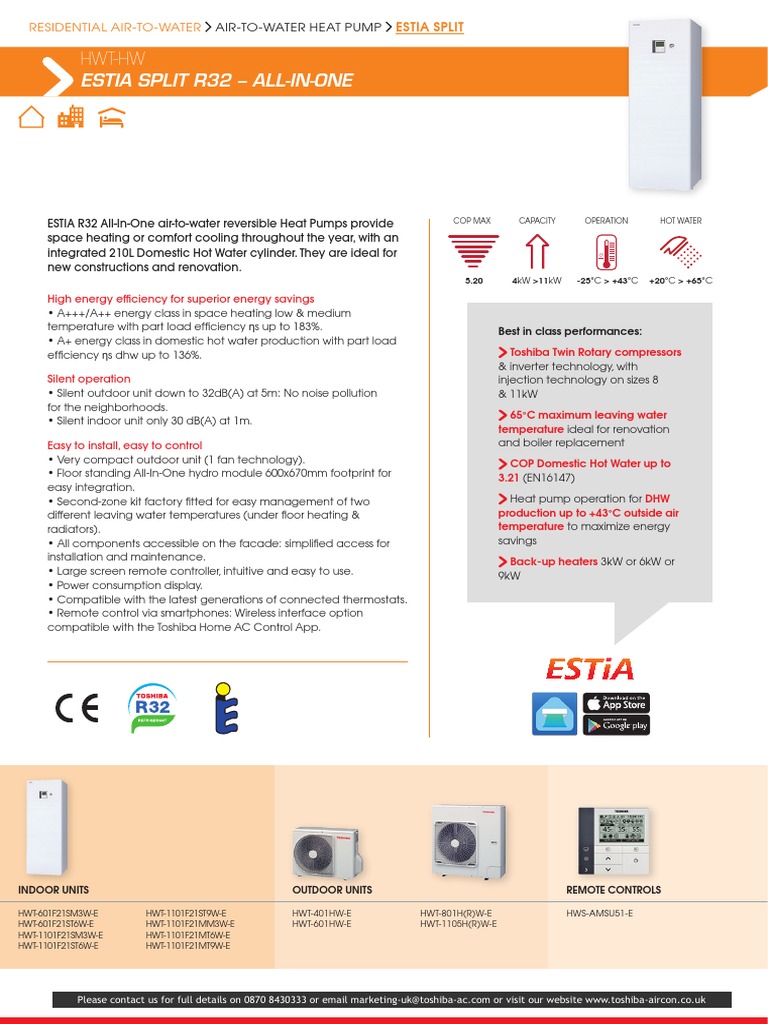 R32 Estia AIO Split Product Data PDF | PDF | Water Heating | Heat Pump