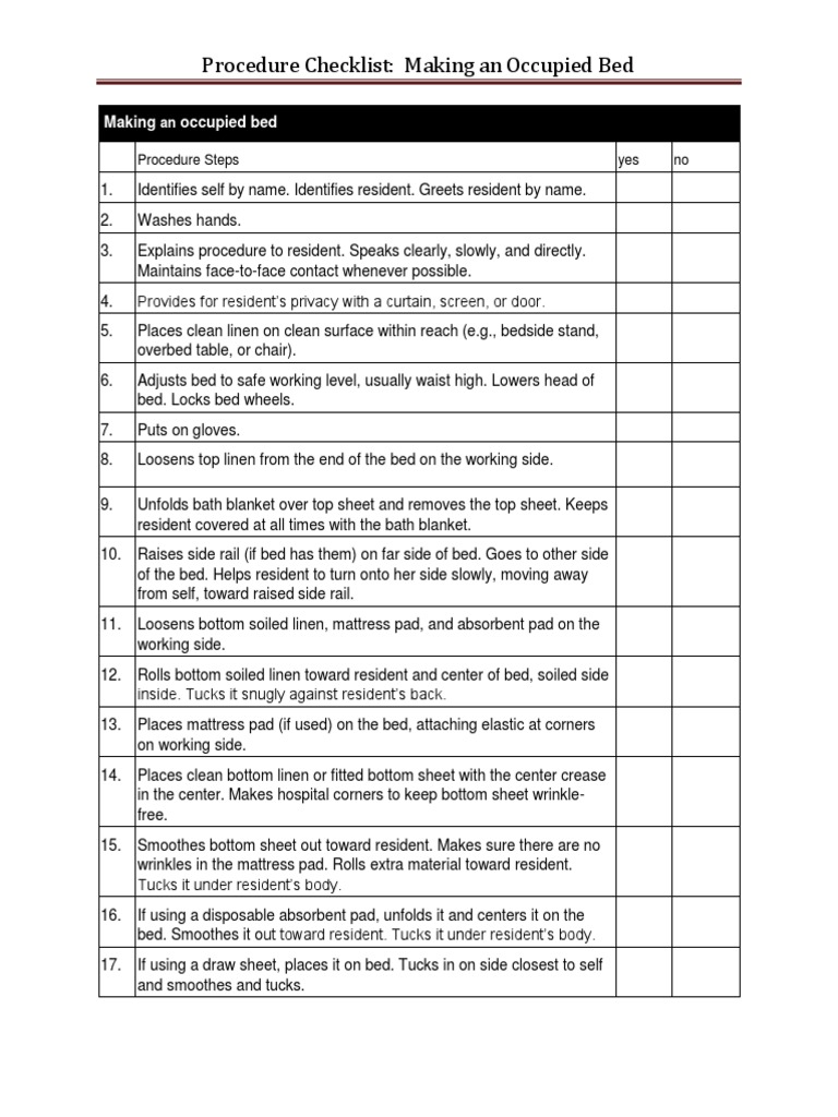 Occupied Bed Making Procedure Checklist | PDF | Bed | Bedding