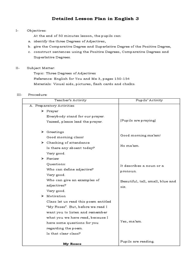 Lesson Plan in English 3 New | Download Free PDF | Adjective | English ...