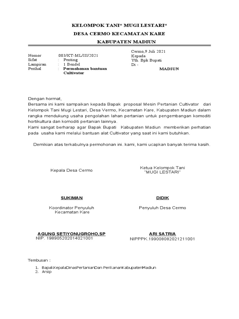 Permohonan Bantuan Cultivator Mugi Lestari | PDF
