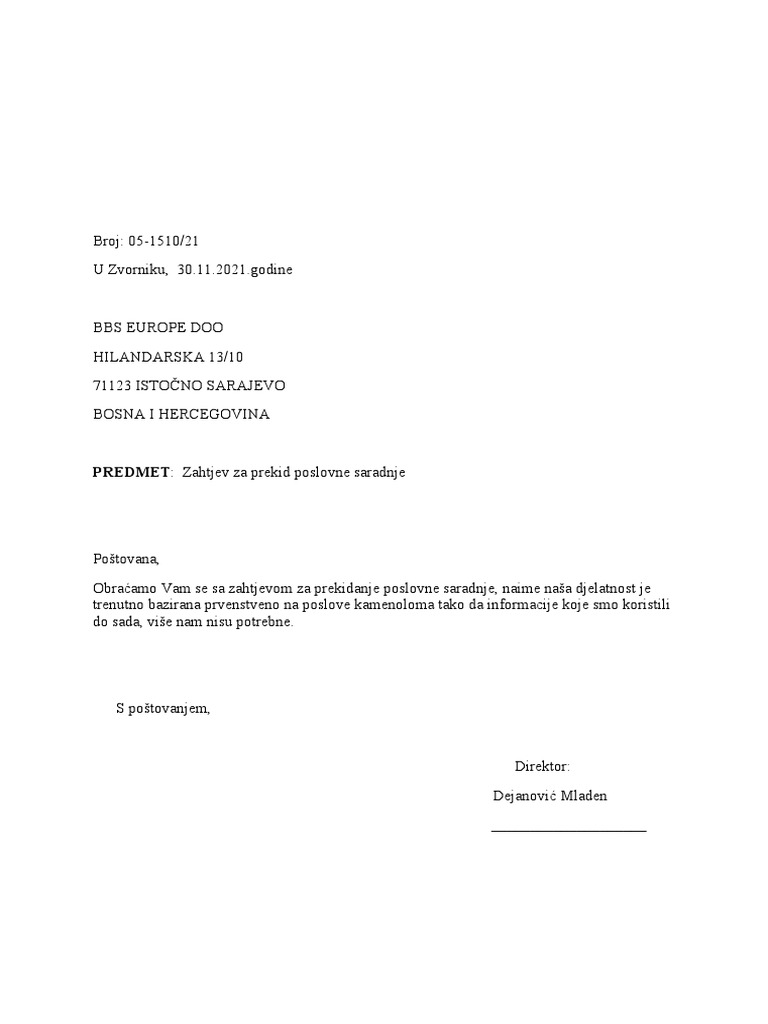 BBS EUROPE - Prekid Poslovne Saradnje | PDF