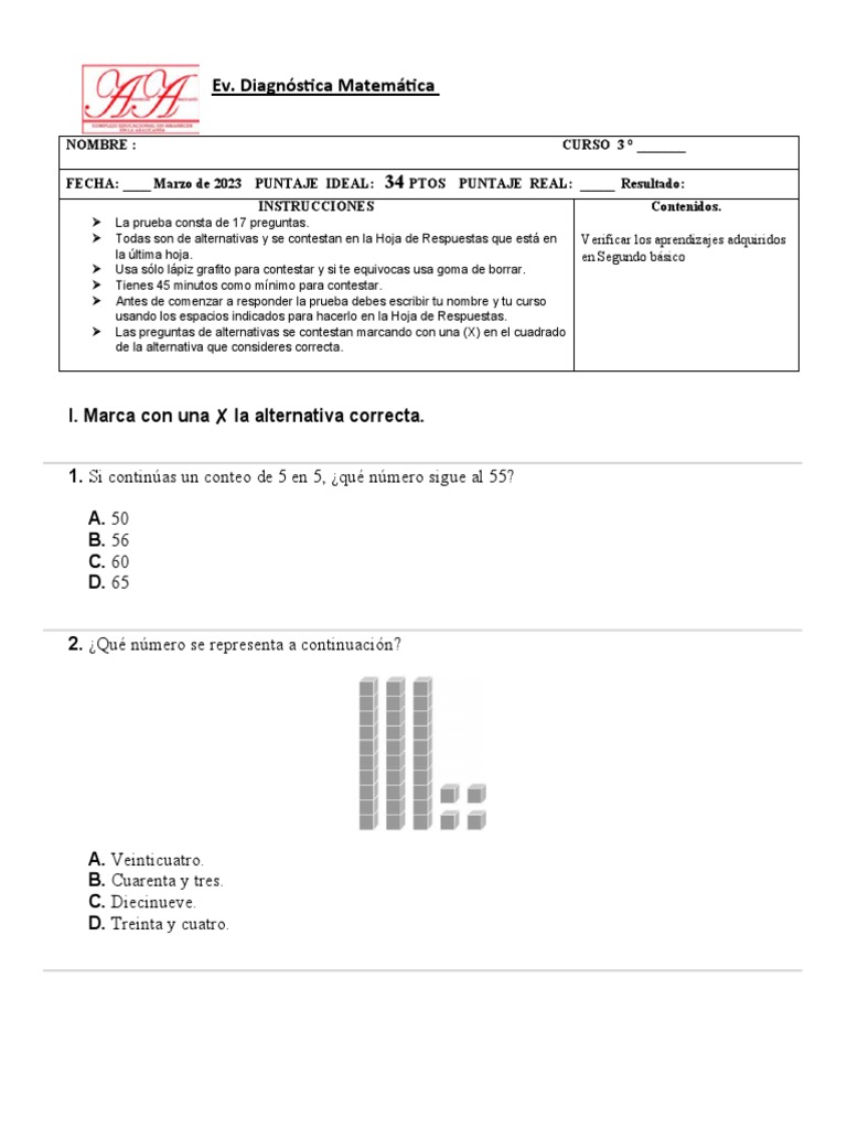 Prueba Diagnóstica de Matemáticas 3° | PDF