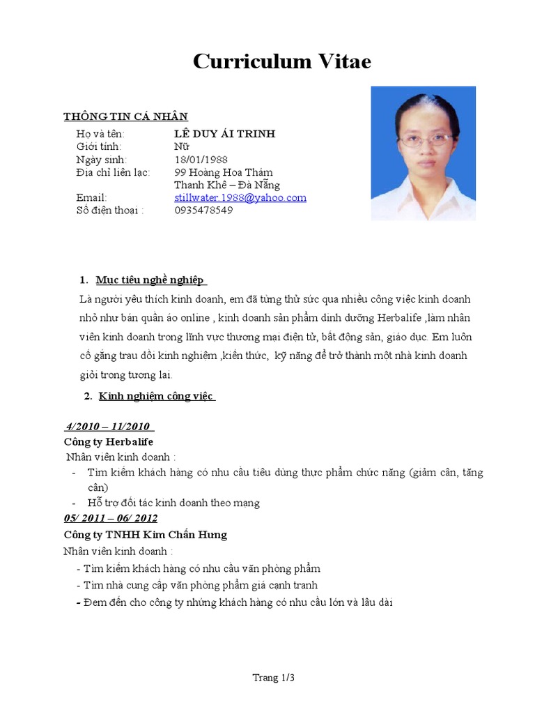 Curriculum Vitae: Thông Tin Cá Nhân Lê Duy Ái Trinh | PDF