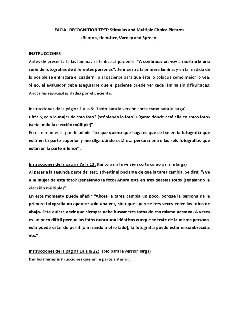 Face Recognition Test Instrucciones y Hoja de Registro | PDF