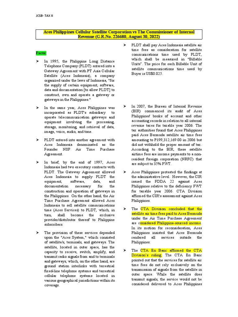 Aces Philippines Cellular Satellite Corporation Vs CIR | PDF | Taxes | Public Law