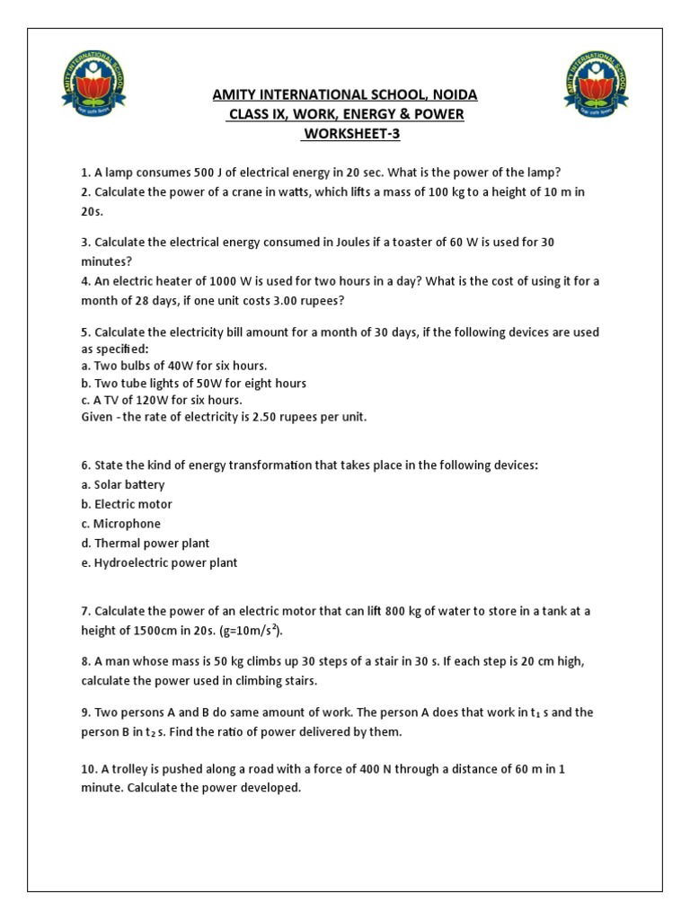 Amity International School, Noida Class Ix, Work, Energy & Power ...