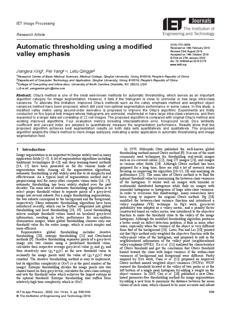 Automatic Thresholding Using Modified Valley Empha PDF | PDF | Image Segmentation
