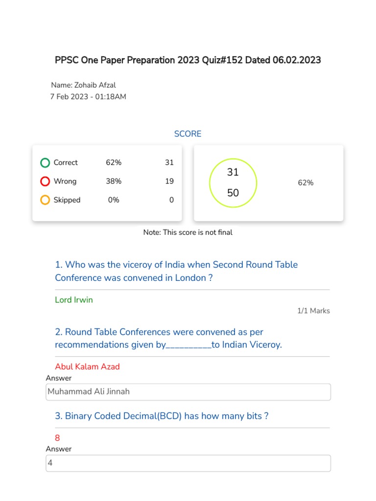 Analysis of PPSC One Paper Preparation 2023 Quiz#152 Dated 06.02.2023 ...