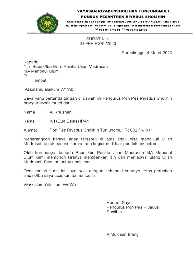 Surat Ijin Sekolah | PDF