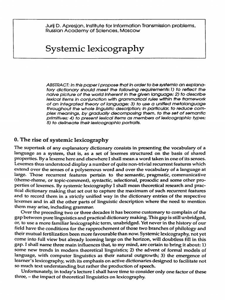 Apresjan, Jurij D (1992) - Systemic Lexicography | PDF | Linguistics | Lexicon