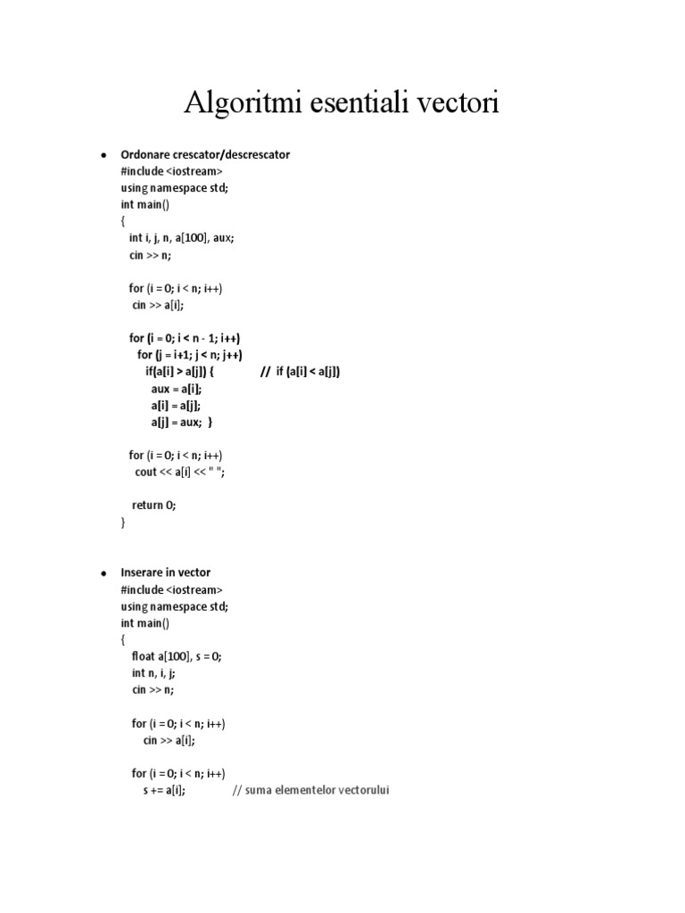 Algoritmi Esentiali Vectori | PDF