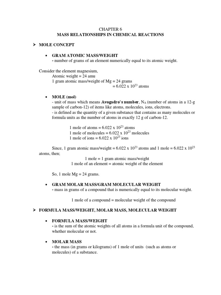 Chapter 6 Mass Relationships in Chemical Reactions Handout | PDF | Mole ...