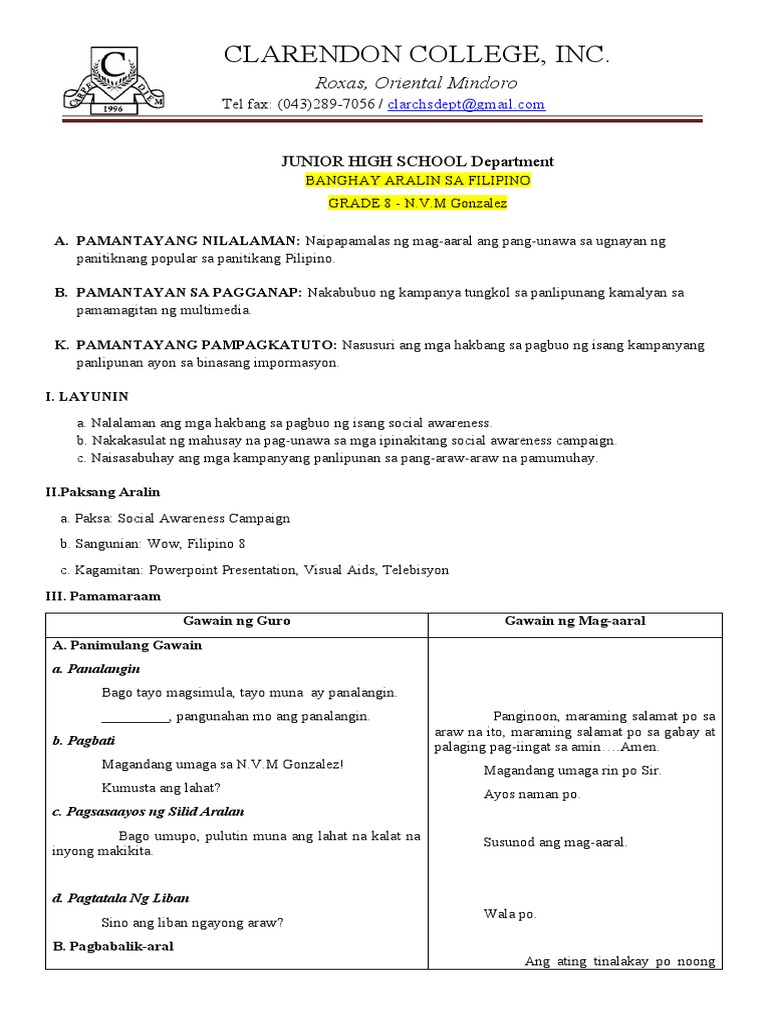 Social Awareness Lesson Plan 1 NVN Gonzalez Filipino 8 | PDF