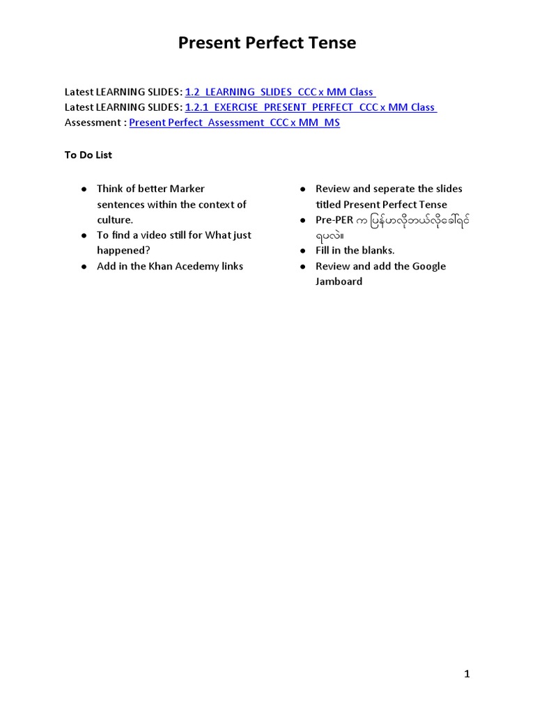 Present Perfect Resource Master | PDF | Grammatical Tense | Perfect ...