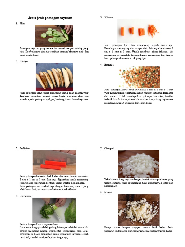Jenis-Jenis Potongan Sayuran Lengkap | PDF | Memasak, Makanan, & Anggur ...