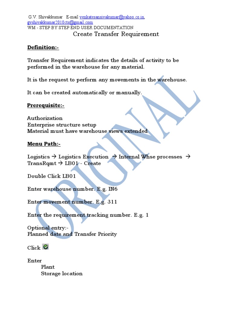 Step-by-Step Documentation for Creating, Changing, Confirming, and Canceling Transfer Orders and ...