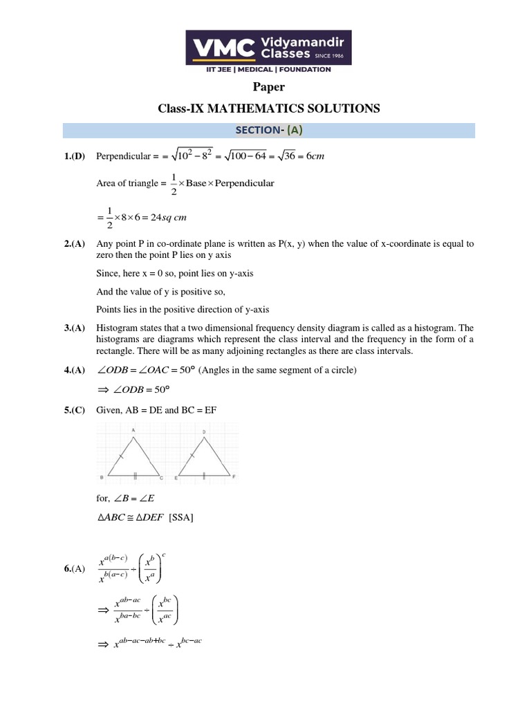 Class-IX Math Sample Paper-1 Solutions PDF | PDF | Triangle | Perpendicular