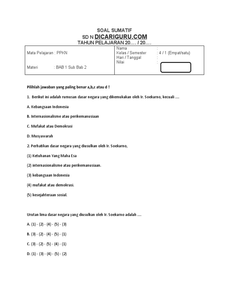 Soal Sumatif PPKN KLS 4 Bab 1-2 | PDF