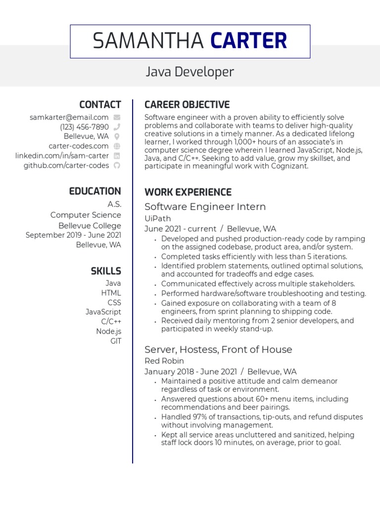 Entry Level Java Developer Resume Example | PDF | Java Script | Software Engineering