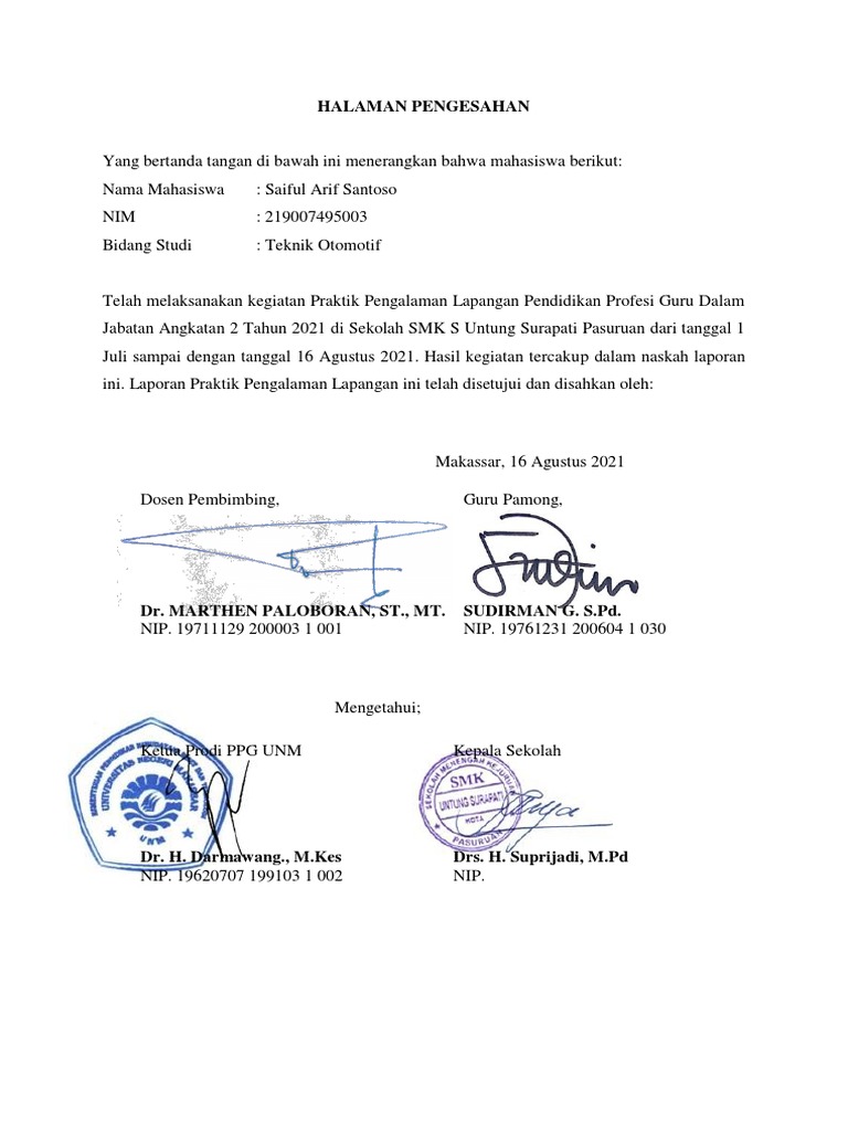 Lembar Pengesahan + Penilaian _Laporan PPL-PPG_UMM_2021_Saiful Arif ...