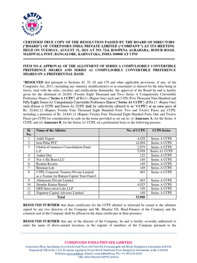 Curefoods Board CTC Allotment of CCPS PDF | PDF | Stocks | Securities (Finance)