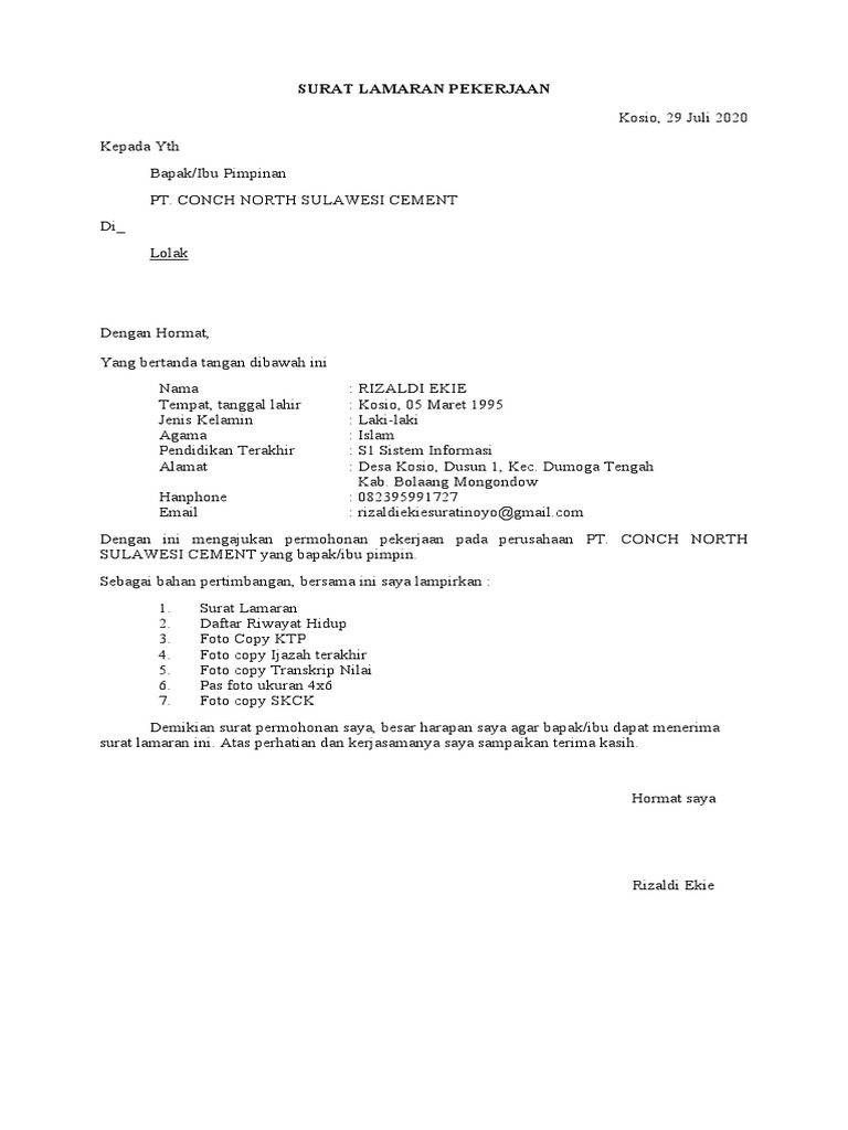 Lamaran Kerja Rizaldi ke PT CONCH | PDF