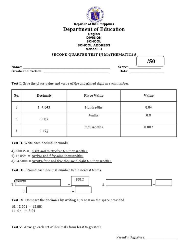 Grade 5 Q2 Mathematics Periodical Test | PDF | Ratio | Numbers