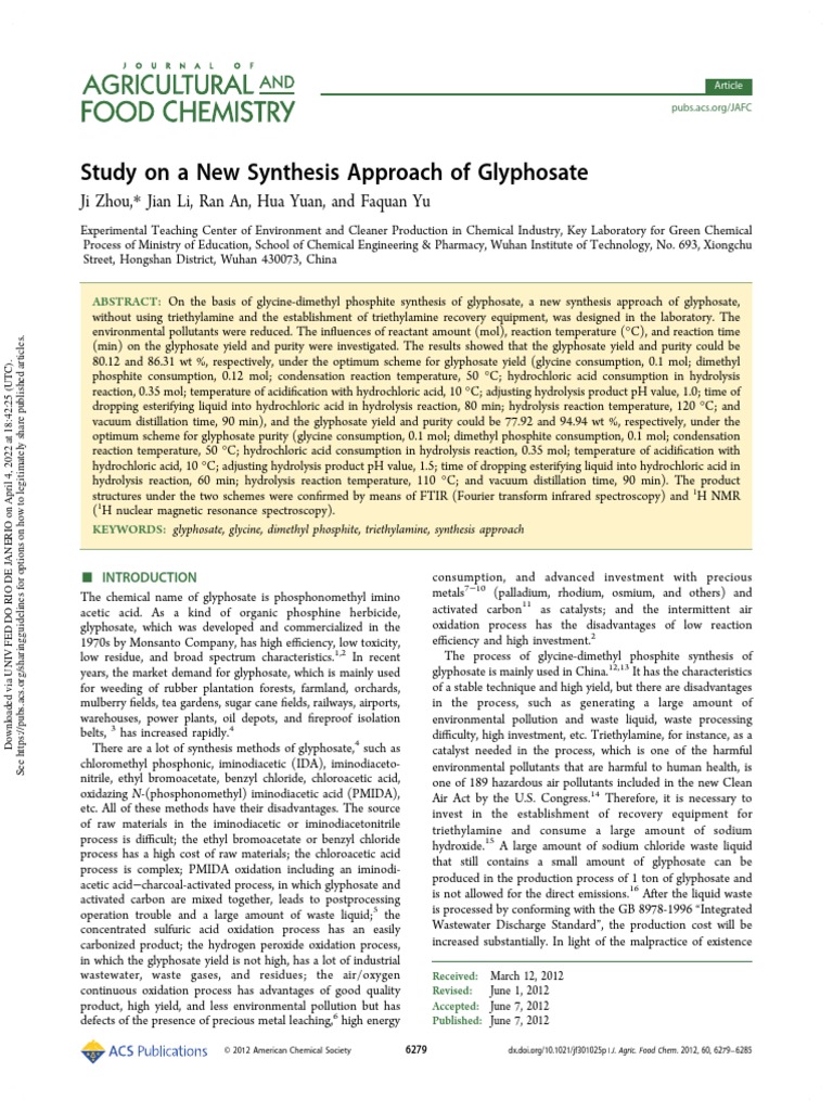 Study On A New Synthesis Approach of Glyphosate | PDF | Acid | Chemical Reactions