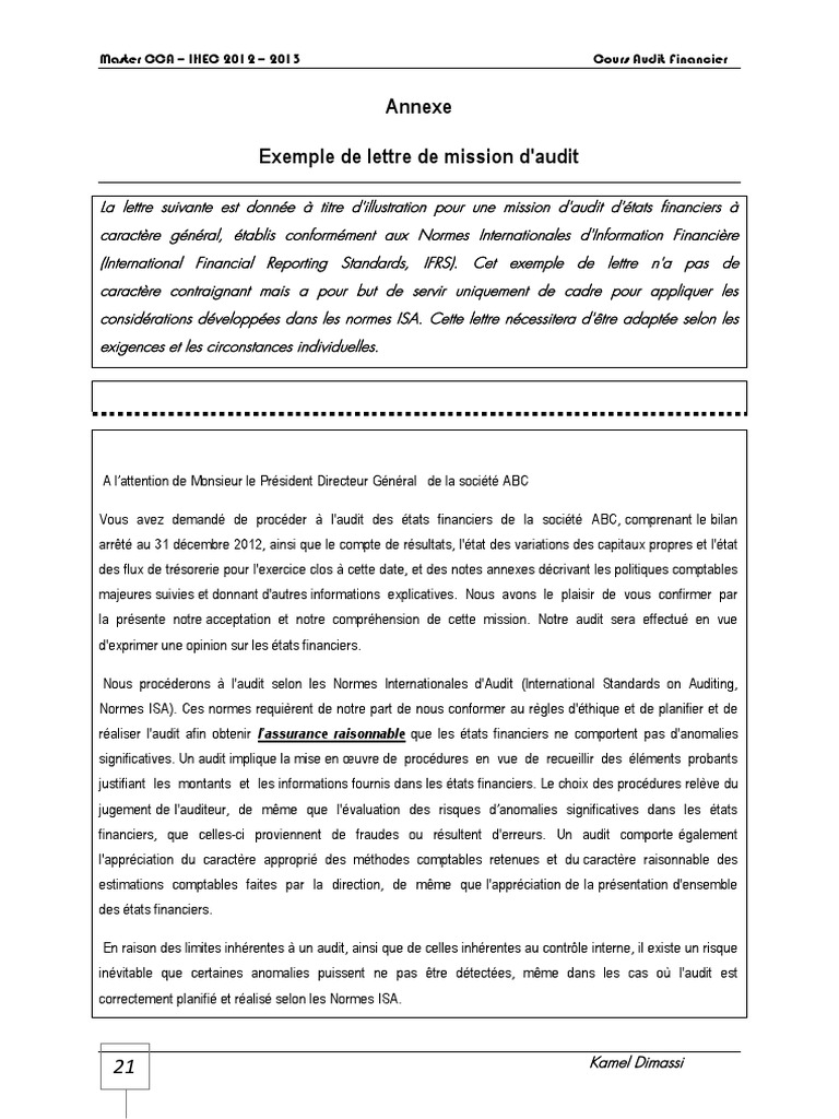 Exemple - Lettre de Mission D'audit | PDF | Audit | Normes internationales d'information financière