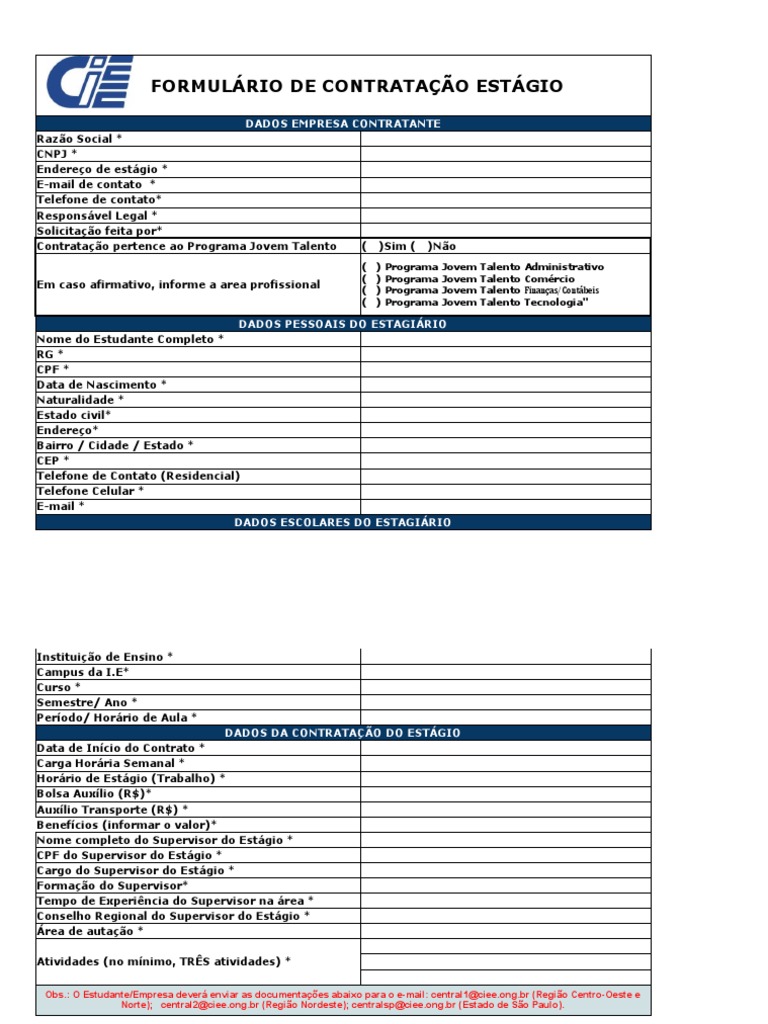 Formulário de contratação de estágio para preenchimento de dados do ...
