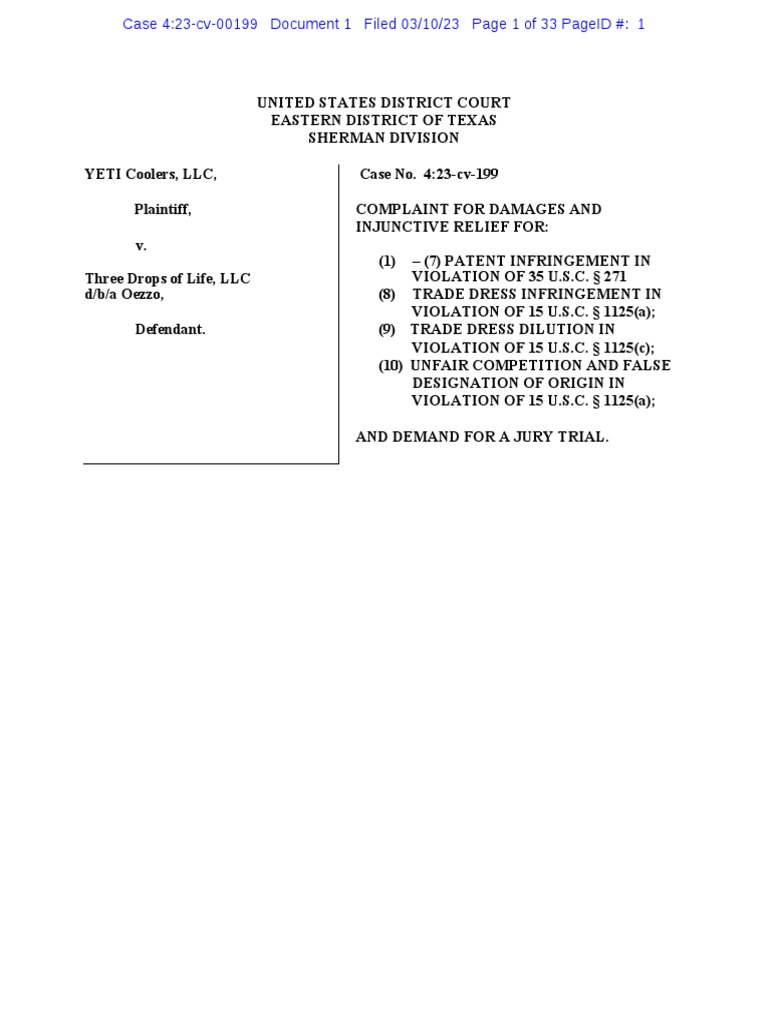 Yeti v. Three Drops - Complaint (Sans Exhibits) | PDF | Trade Dress ...