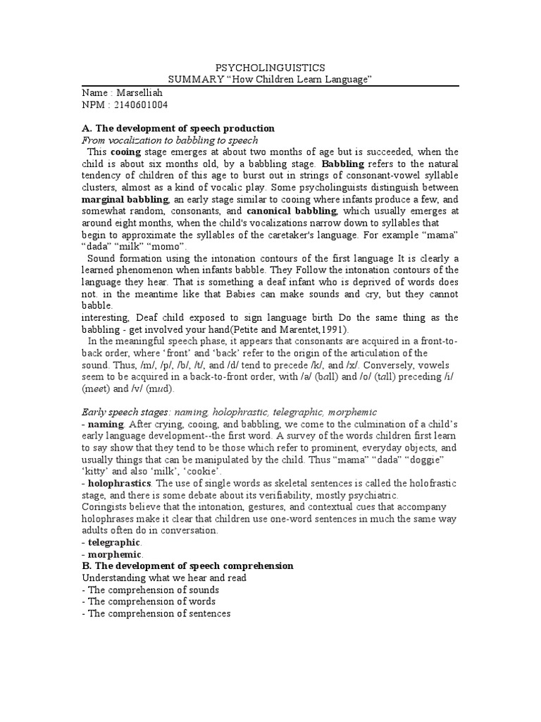 Summary How Children Learn Language | PDF | Behavioural Sciences | Cognitive Psychology
