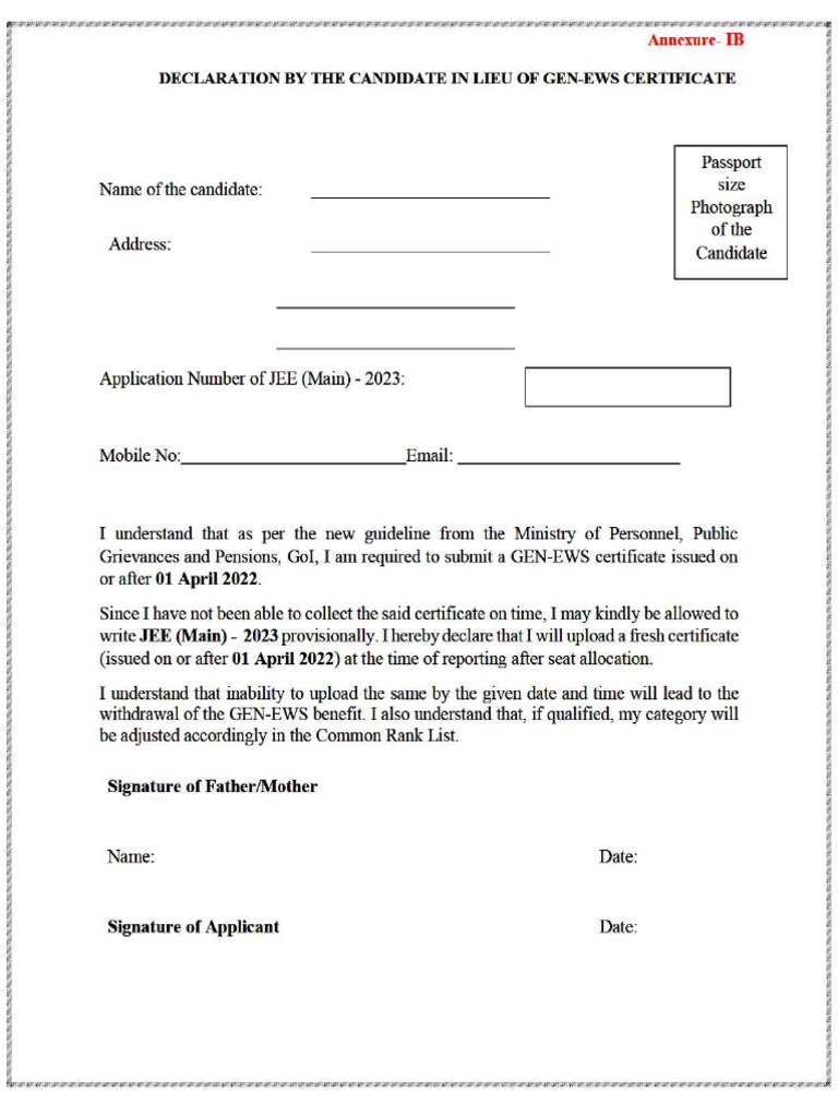 Gen-Ews Certificate Declaration 2023 Form PDF | PDF
